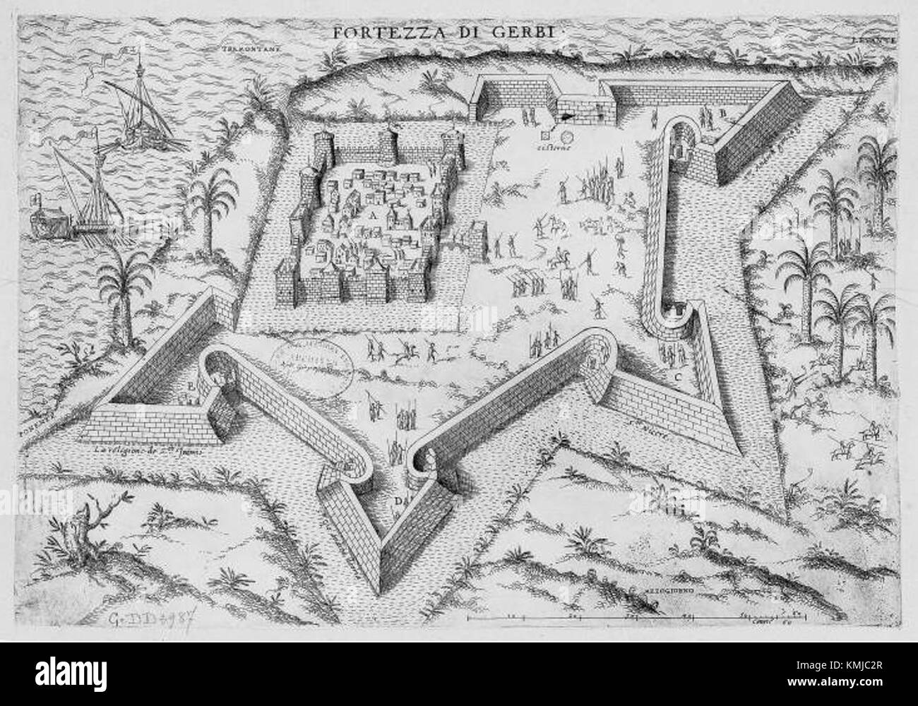 A map from 1599 depicting Borj El Kebir, a fortress on the island of ...