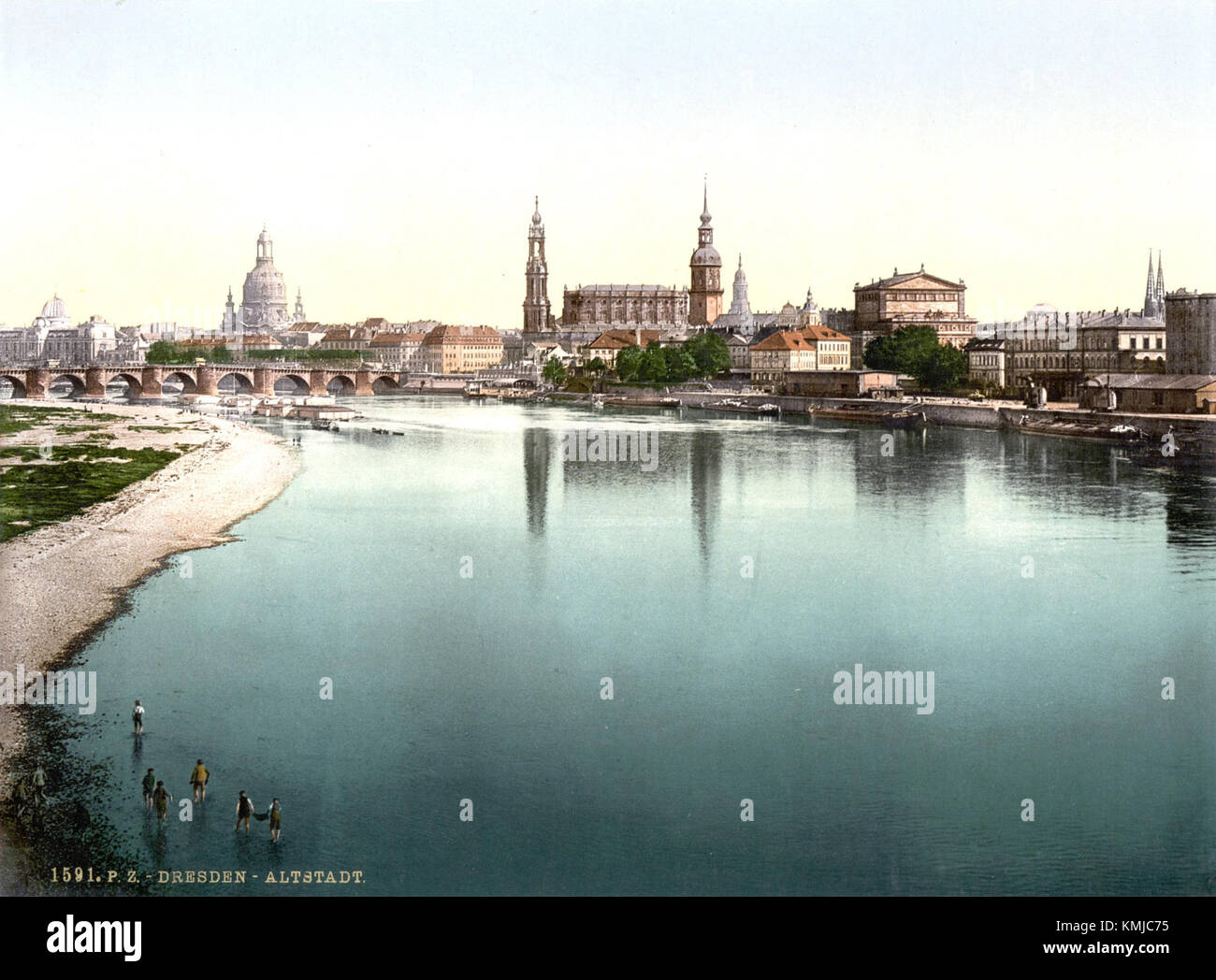 A historical photograph of Dresden's Old Town along the Elbe River ...