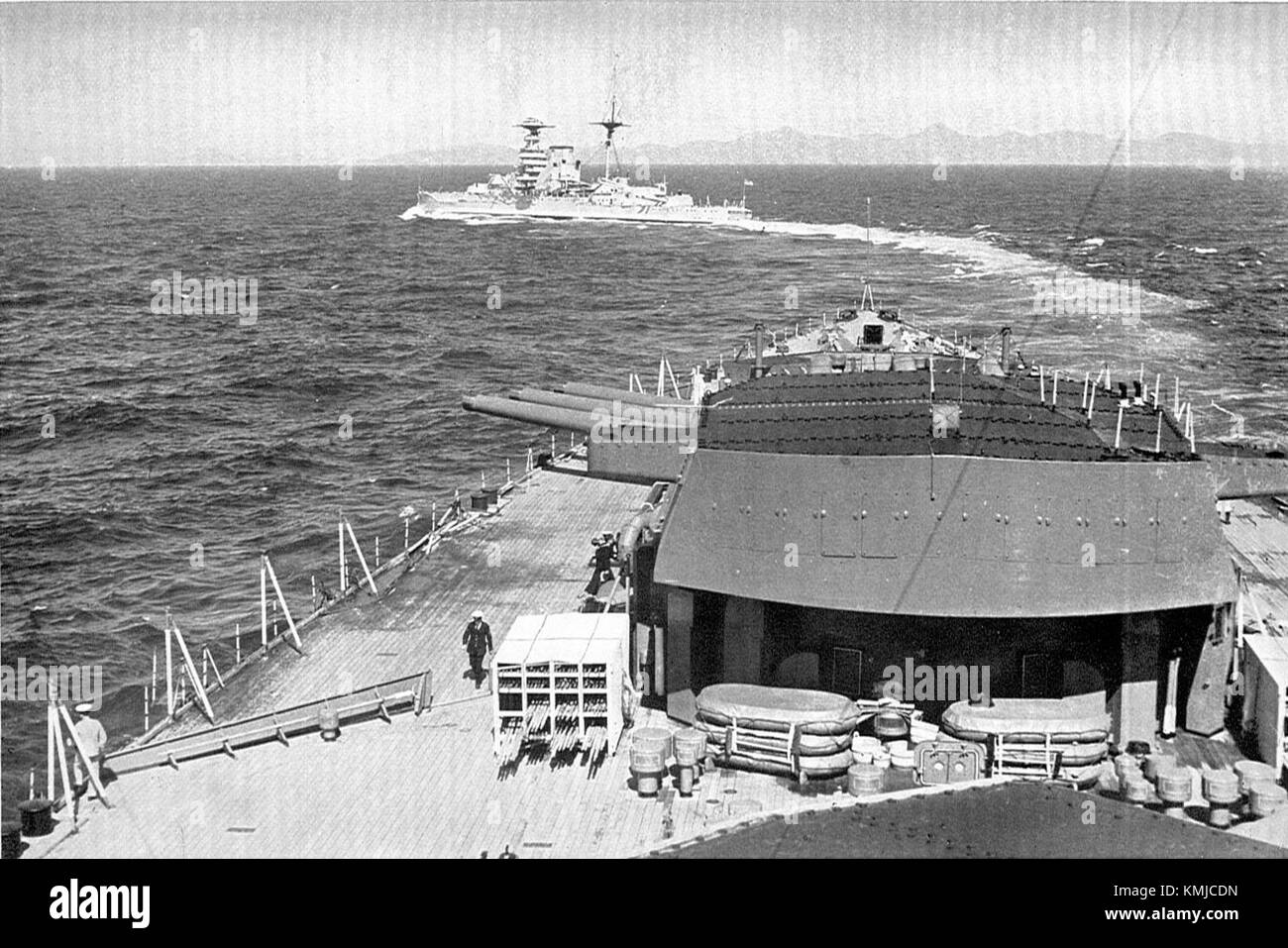 The HMS Warspite, a British battleship, is seen altering course in a ...