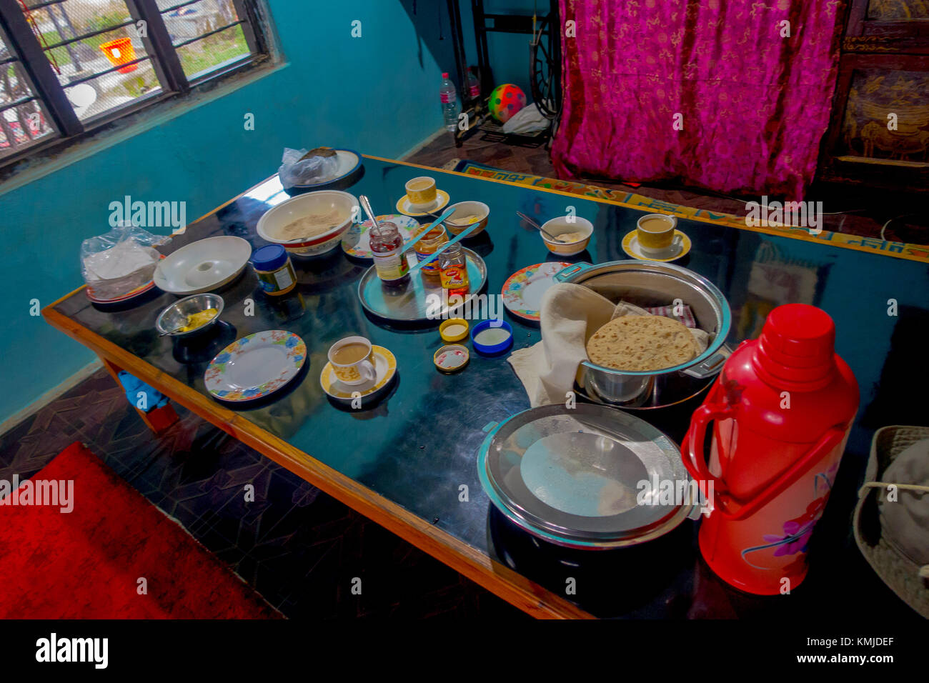 POKHARA, NEPAL - OCTOBER 06 2017: Assorted Nepali breakfast served on ...