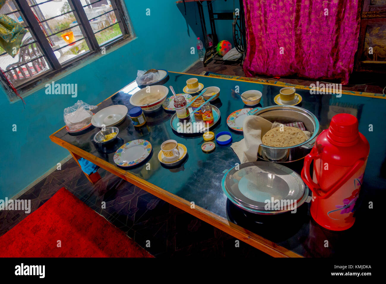 POKHARA, NEPAL - OCTOBER 06 2017: Assorted Nepali breakfast served on ...