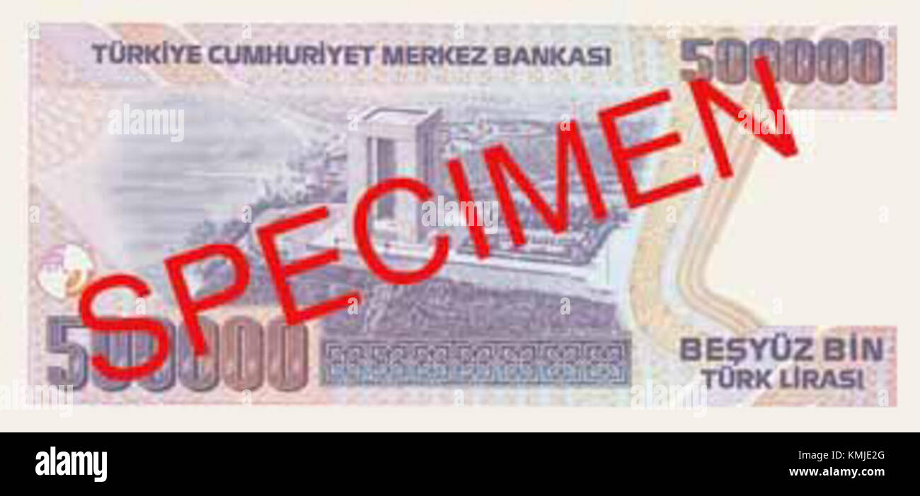 An image of the reverse side of a 500,000 Turkish Lira note, displaying ...