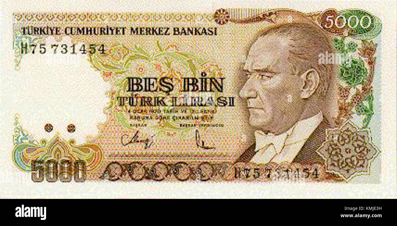 The 5000 Turkish Lira note, featuring the obverse side, is a historical ...