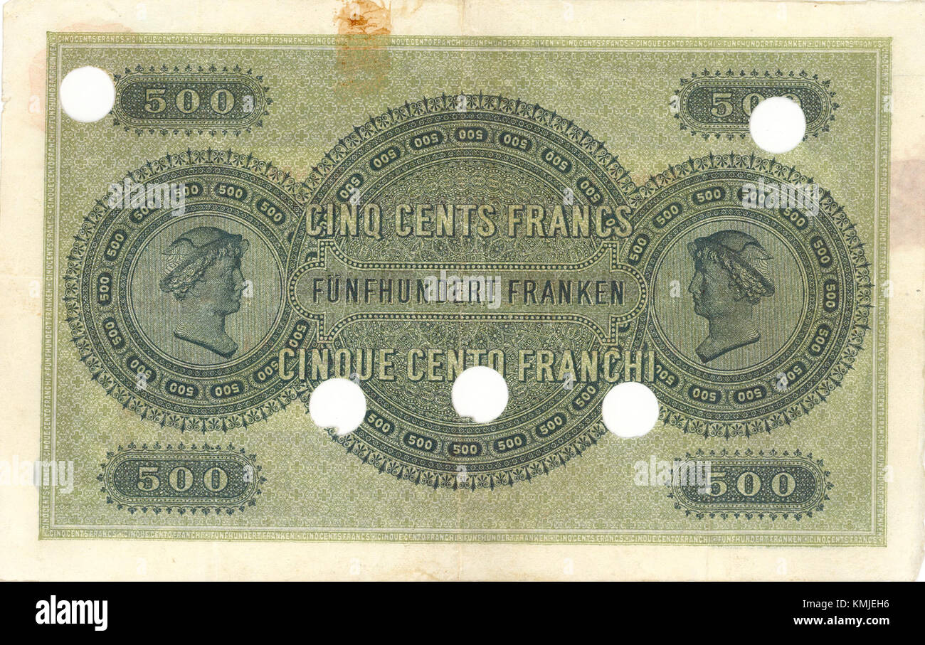 This image shows the back of a CHF500 banknote, used in Switzerland. It ...