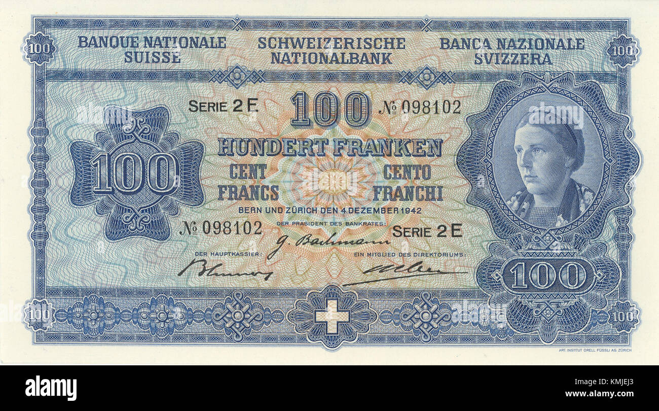 This image represents a CHF100 note, displaying the front horizontal ...