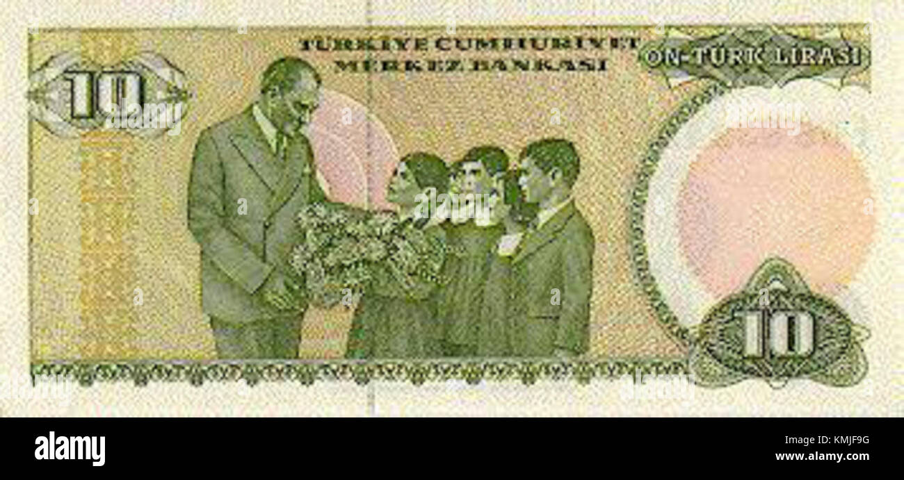 This image features a reverse side of a 10 Turkish Lira (TL) banknote ...