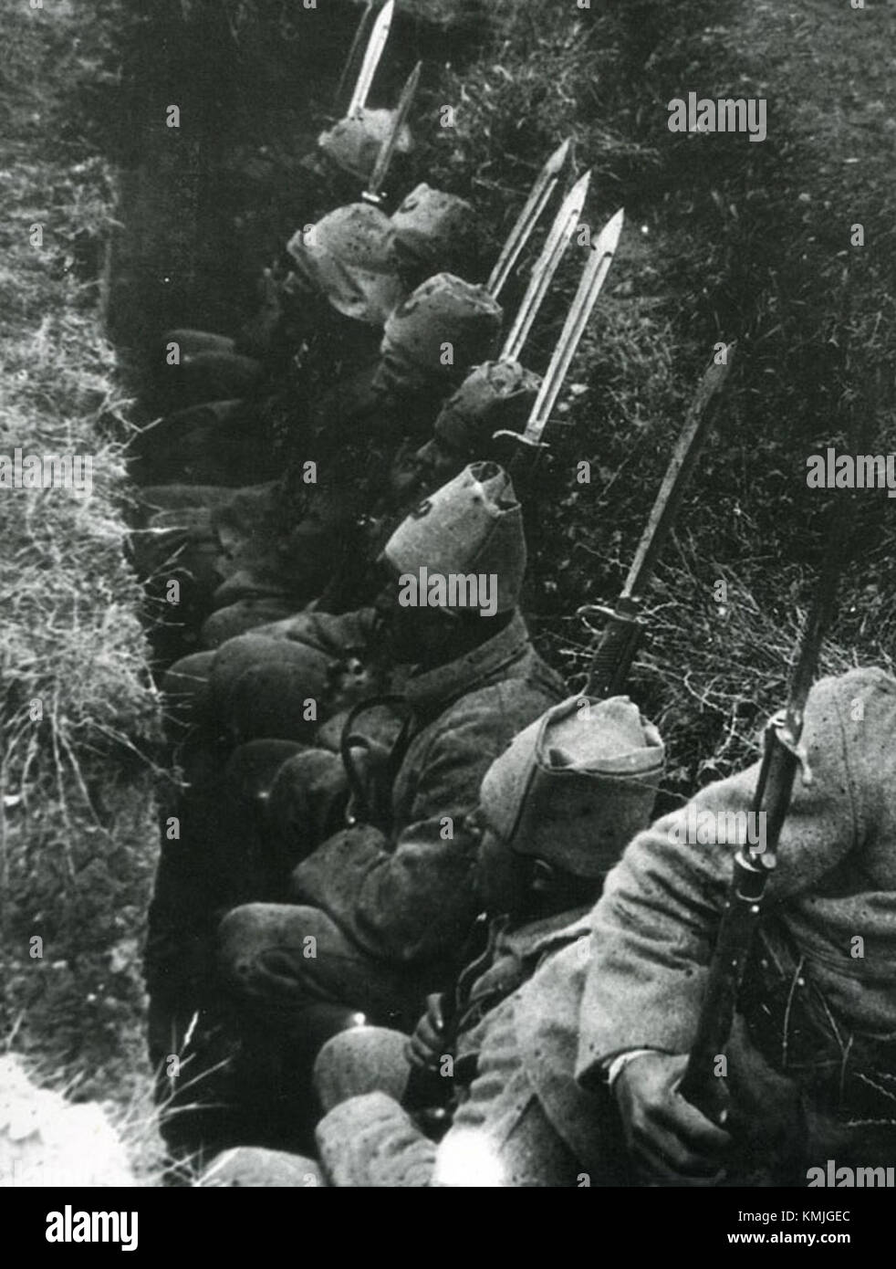 This historical image shows Turkish soldiers equipped with bayonets ...