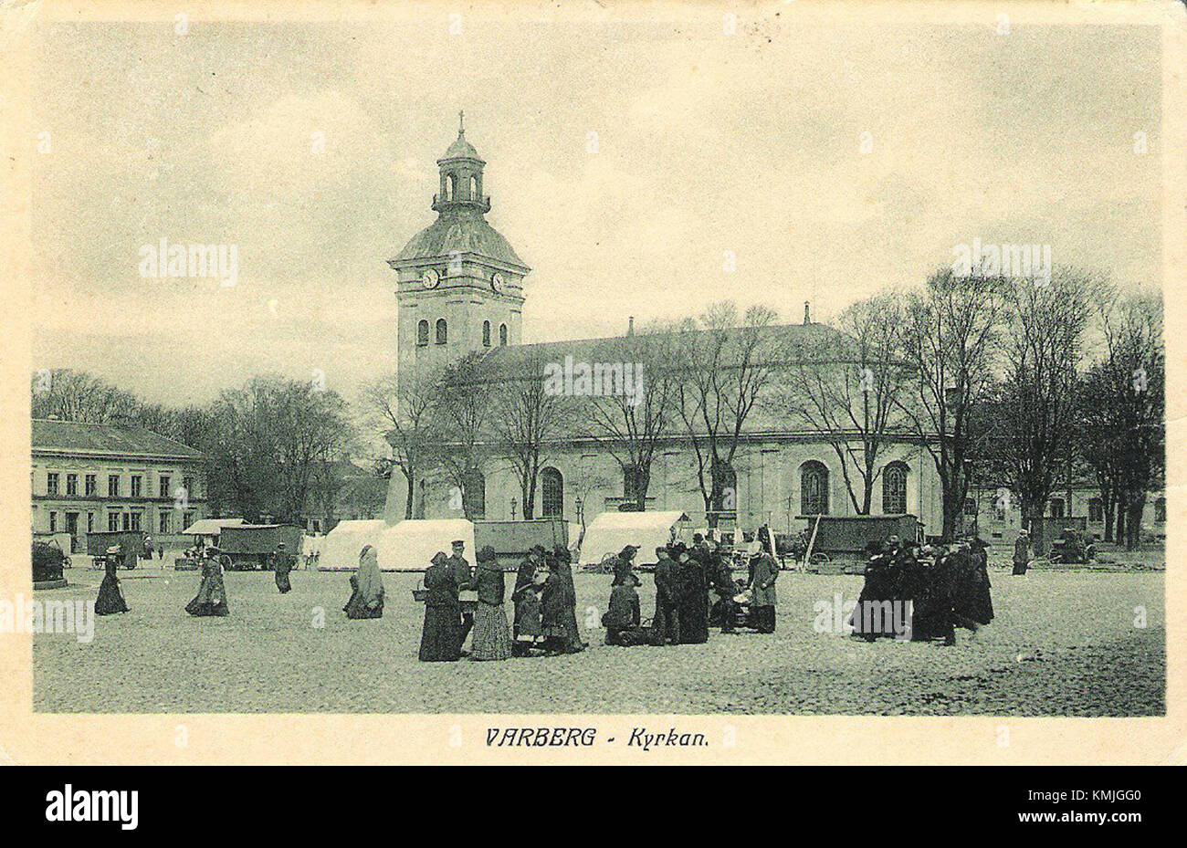 This vintage postcard features Varbergs kyrka, a historic church ...