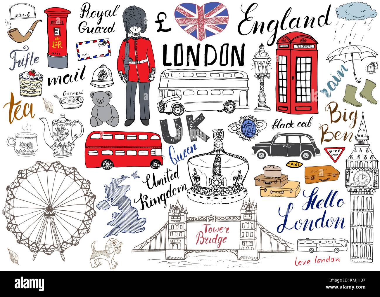 London city doodles elements collection. Hand drawn set with, tower ...