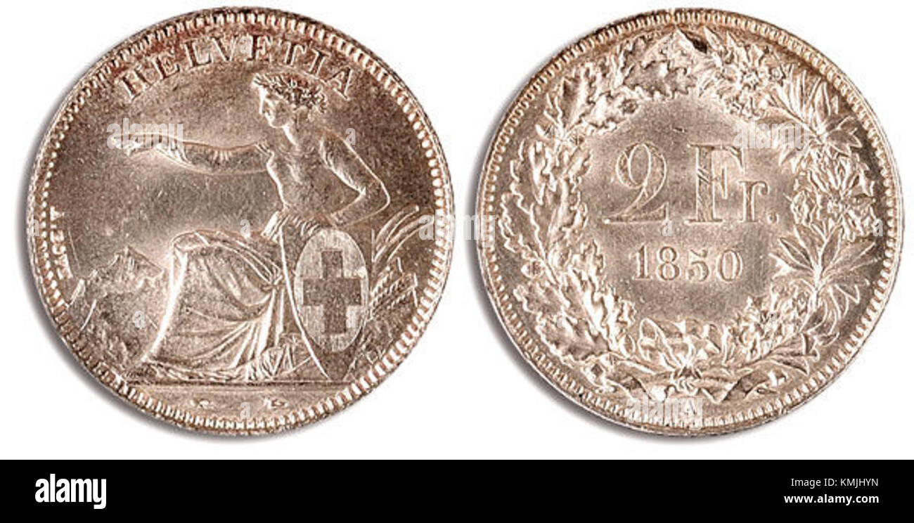 The Zwei Franken coin from Switzerland, minted in 1850, features ...