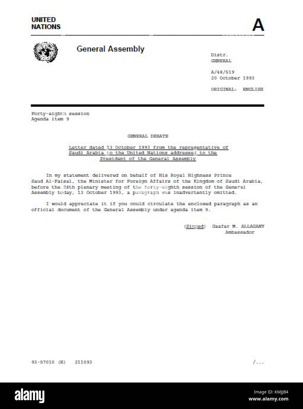 A letter from Saudi Arabia to the United Nations, dated 13 October 1993 ...