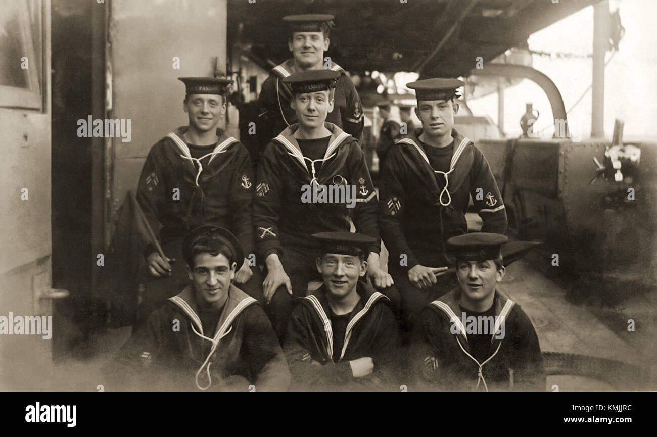 Signalmen aboard the HMS Pandora in the early 20th century. This ...
