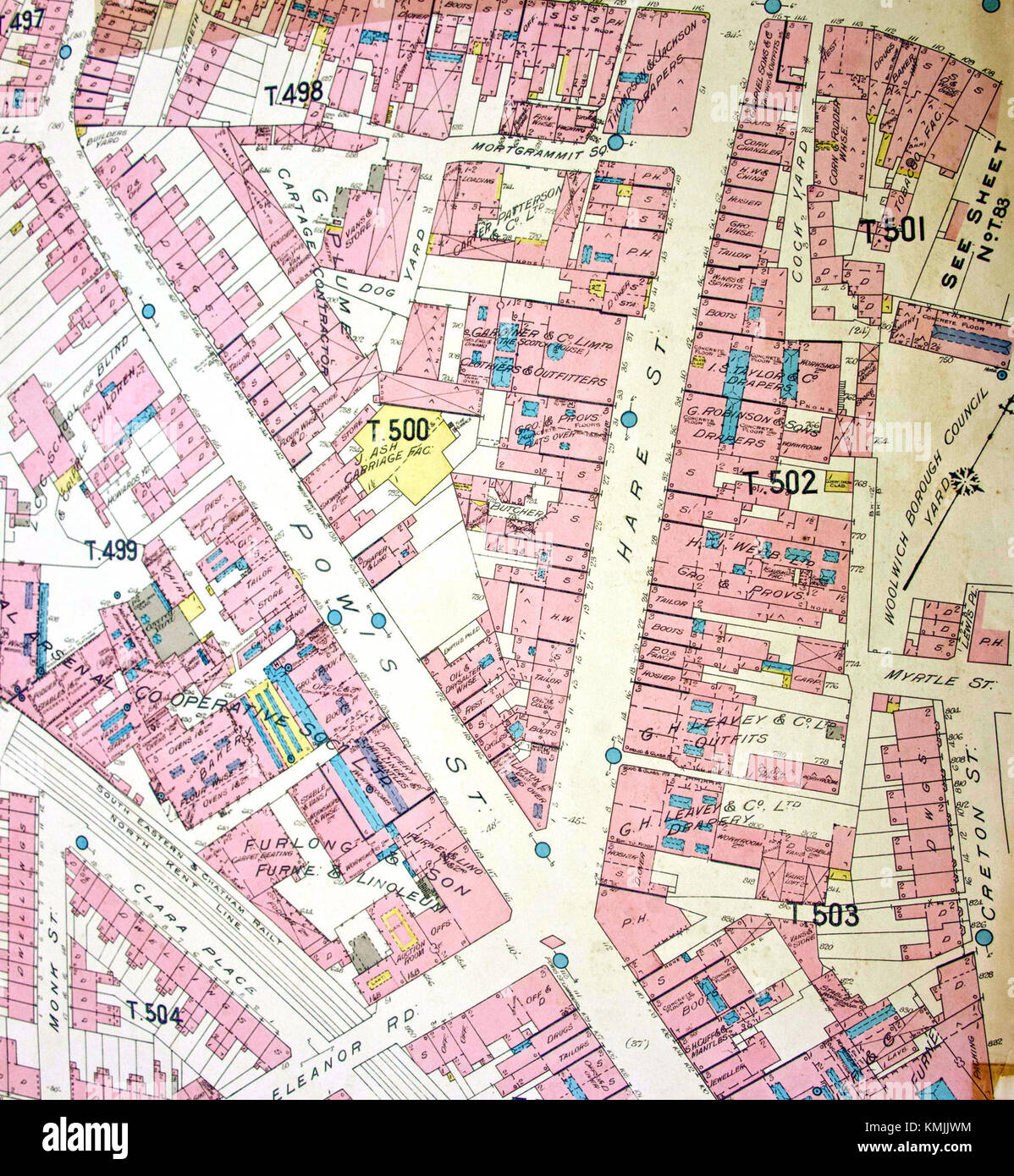 A historical map from 1908 depicting the area around Powis Street and ...