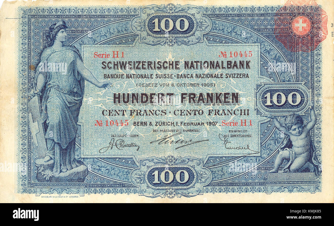 This image displays a CHF100 bill, featuring a front horizontal view ...