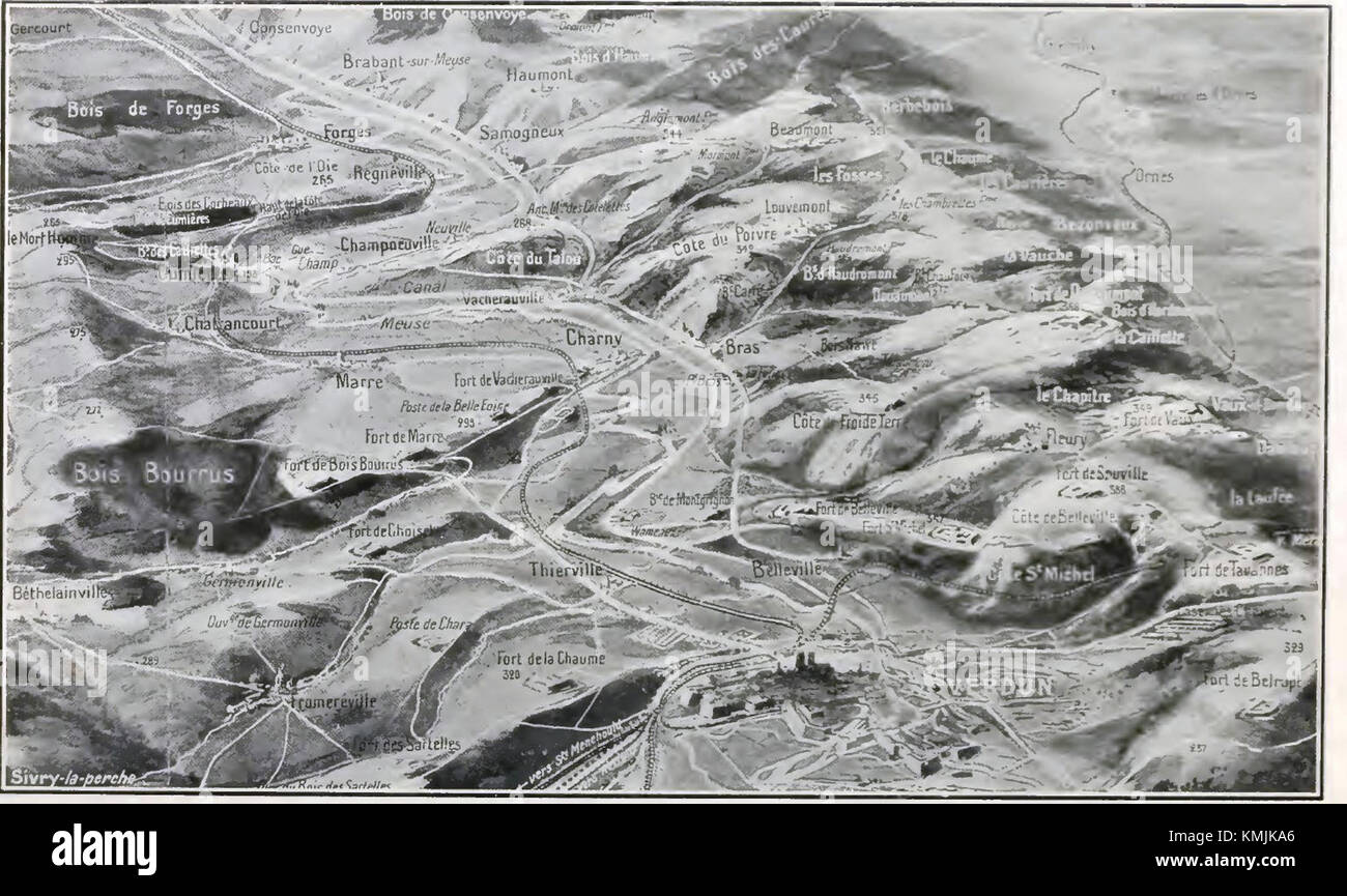 A bird's-eye view of Verdun in 1916, showing the aftermath of the First ...