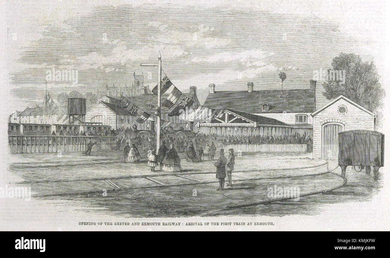 This image depicts the first train to run in Exmouth, England, in 1861 ...