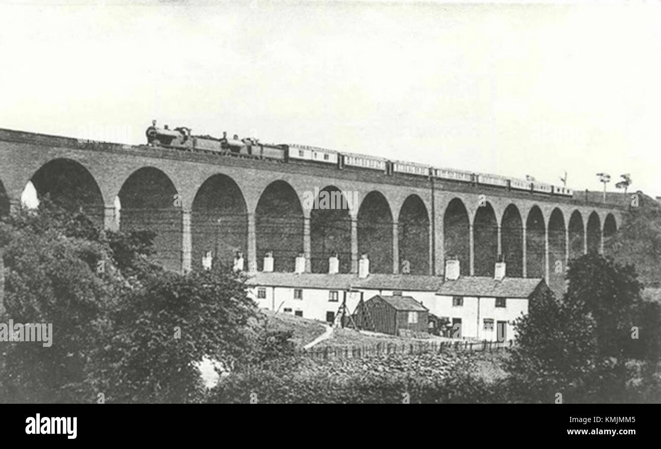 A historical photograph of the Reddish Vale Viaduct taken in 1905. The ...