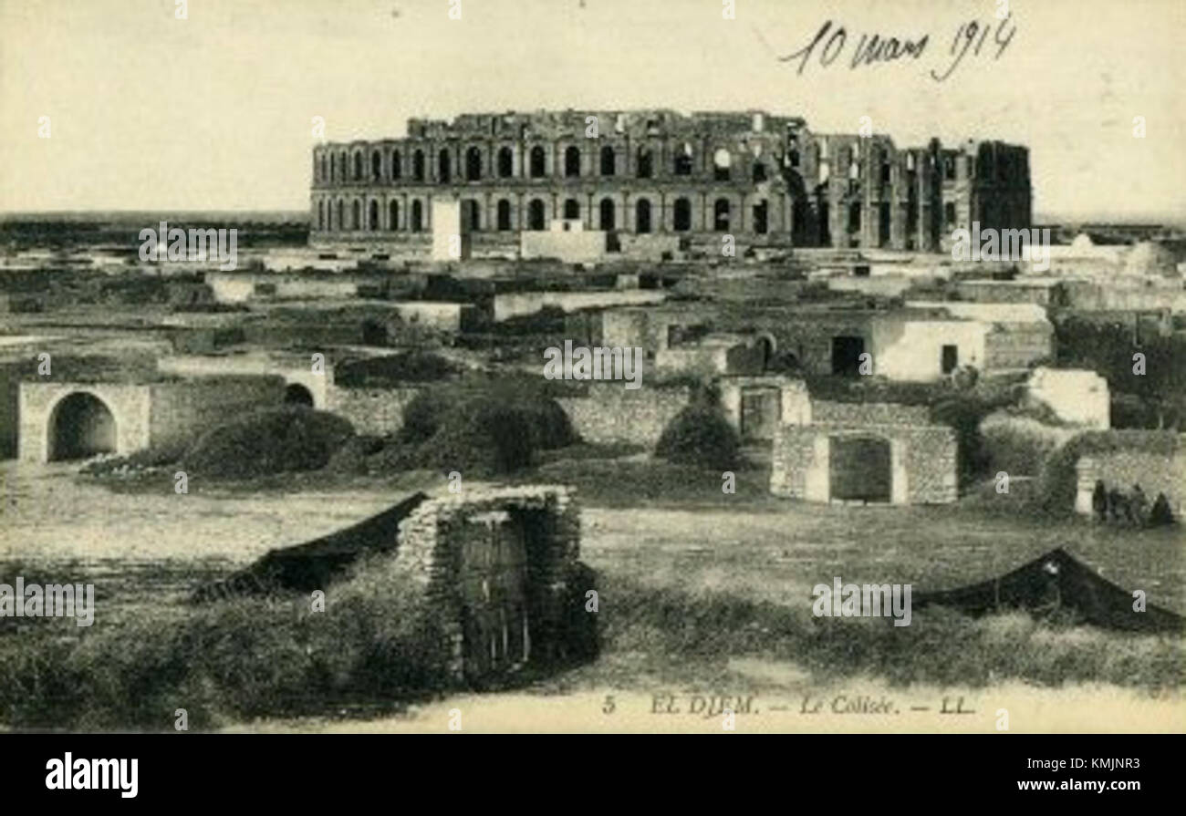 This image depicts the ancient Roman amphitheater of El Jem, Tunisia ...