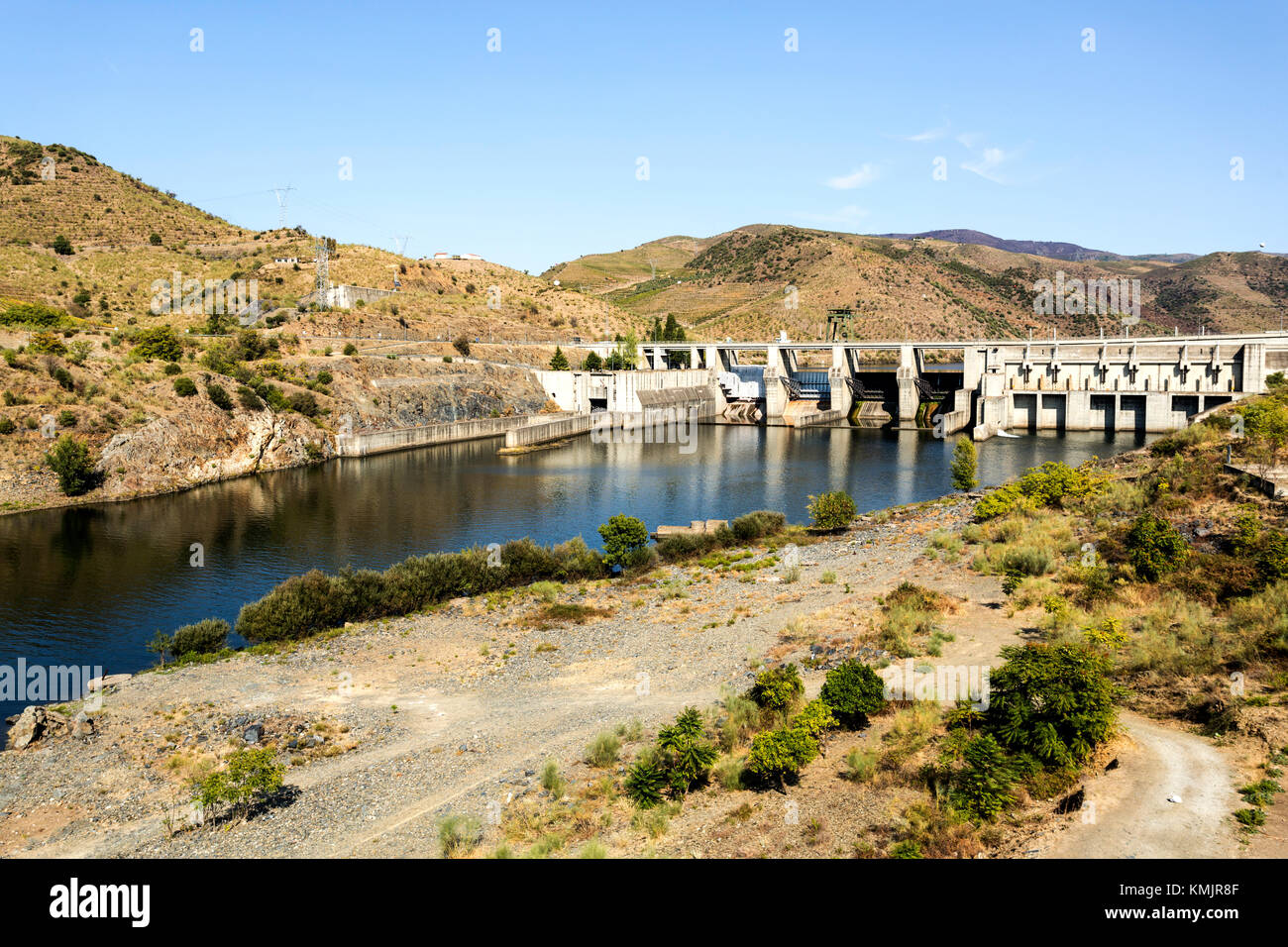 View of the Pocinho Dam on the Douro River near the village of Pocinho ...