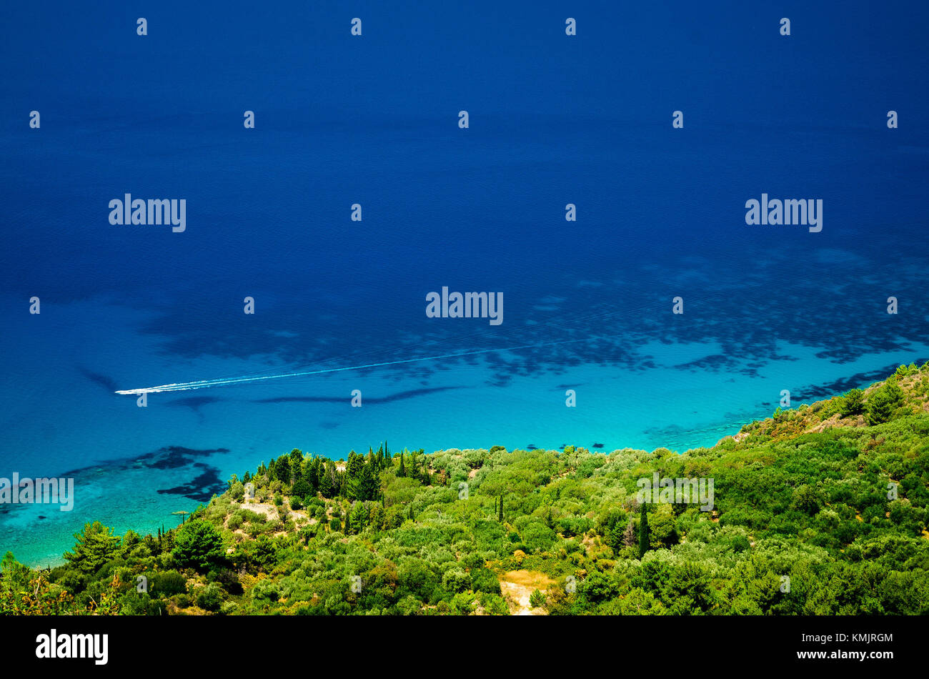 View over beautiful Lefkada coast with boat Stock Photo - Alamy