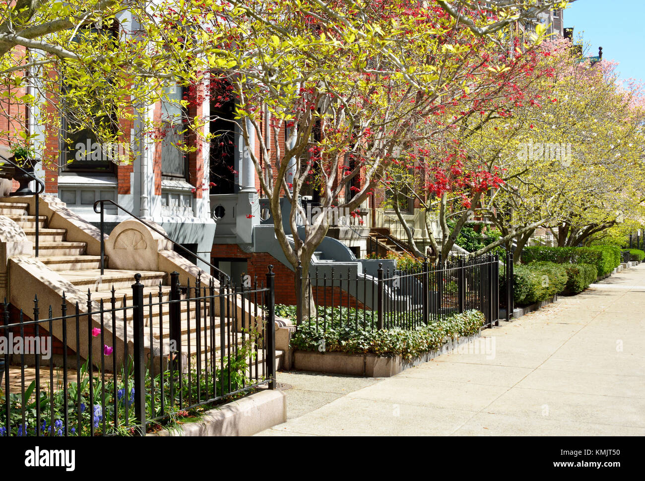 Back Bay. Boston. Colorful gardens of Victorian row houses in early ...