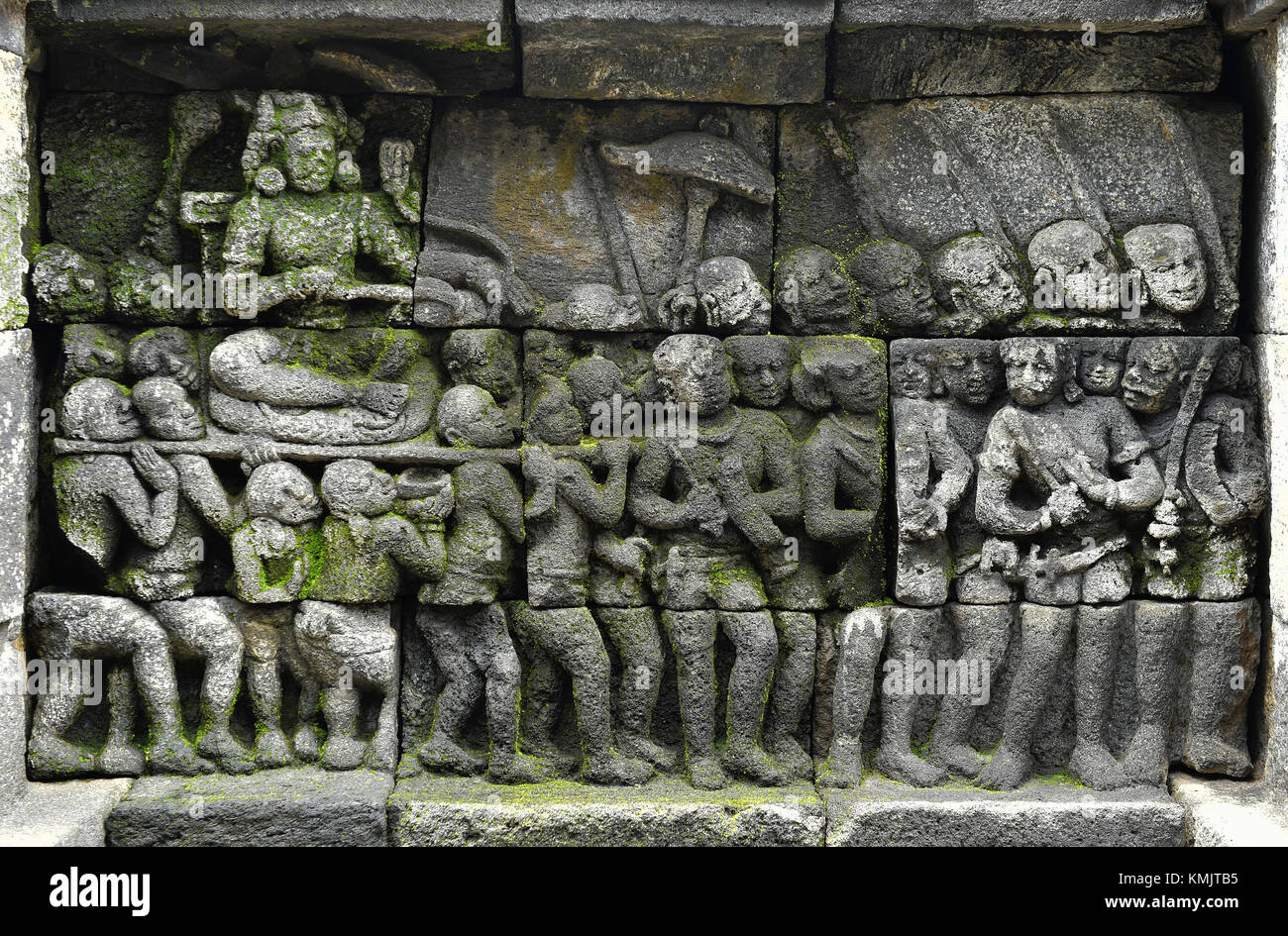 Detail of Buddhist carved relief in Borobudur temple in Yogyakarta ...