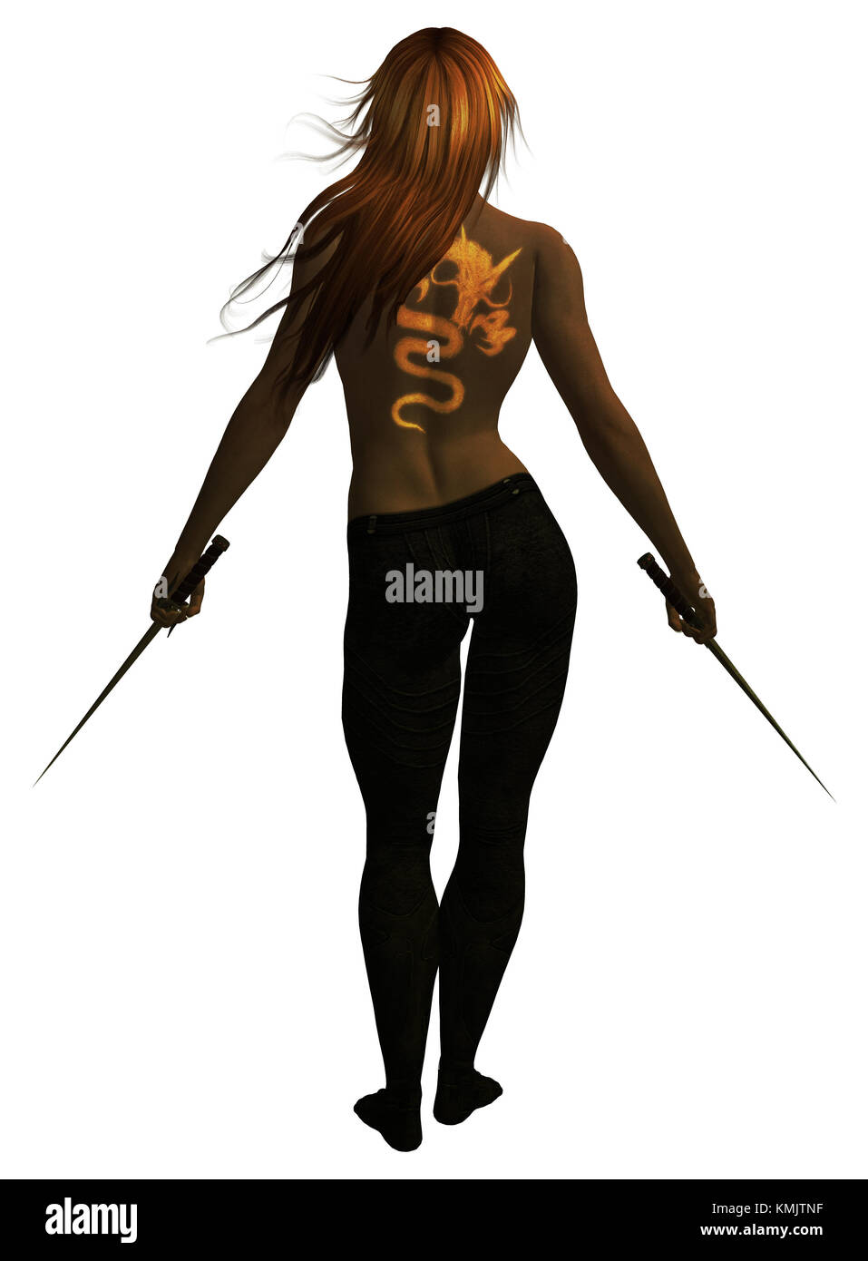 Woman standing holding two swords on a white background Stock Photo - Alamy