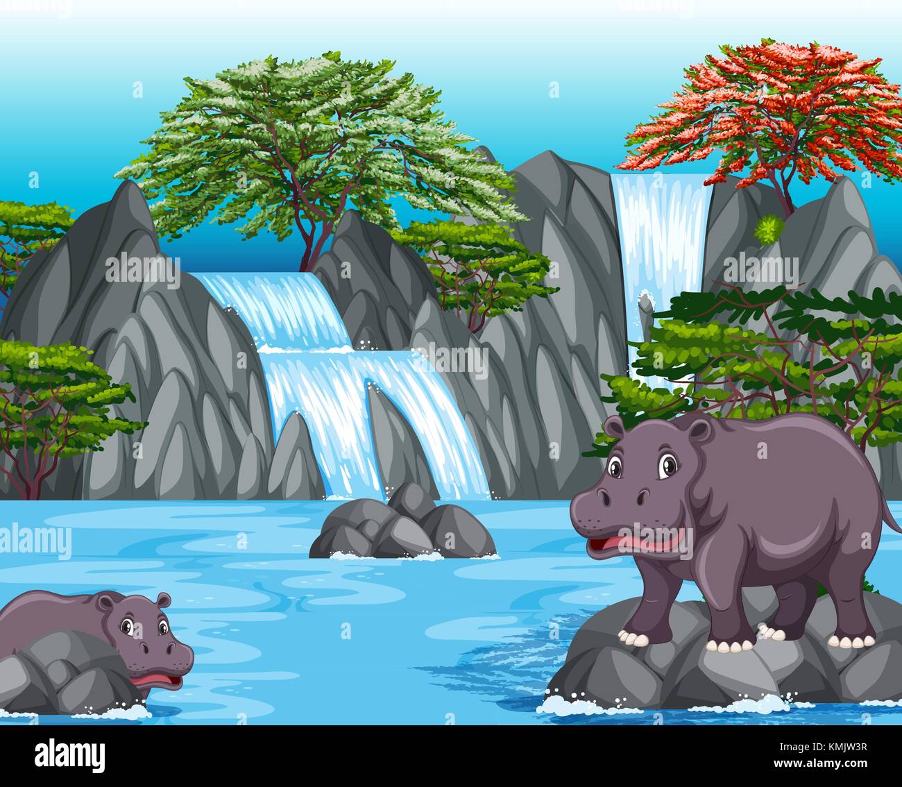 Two hippos at the waterfall scene illustration Stock Vector Image & Art ...