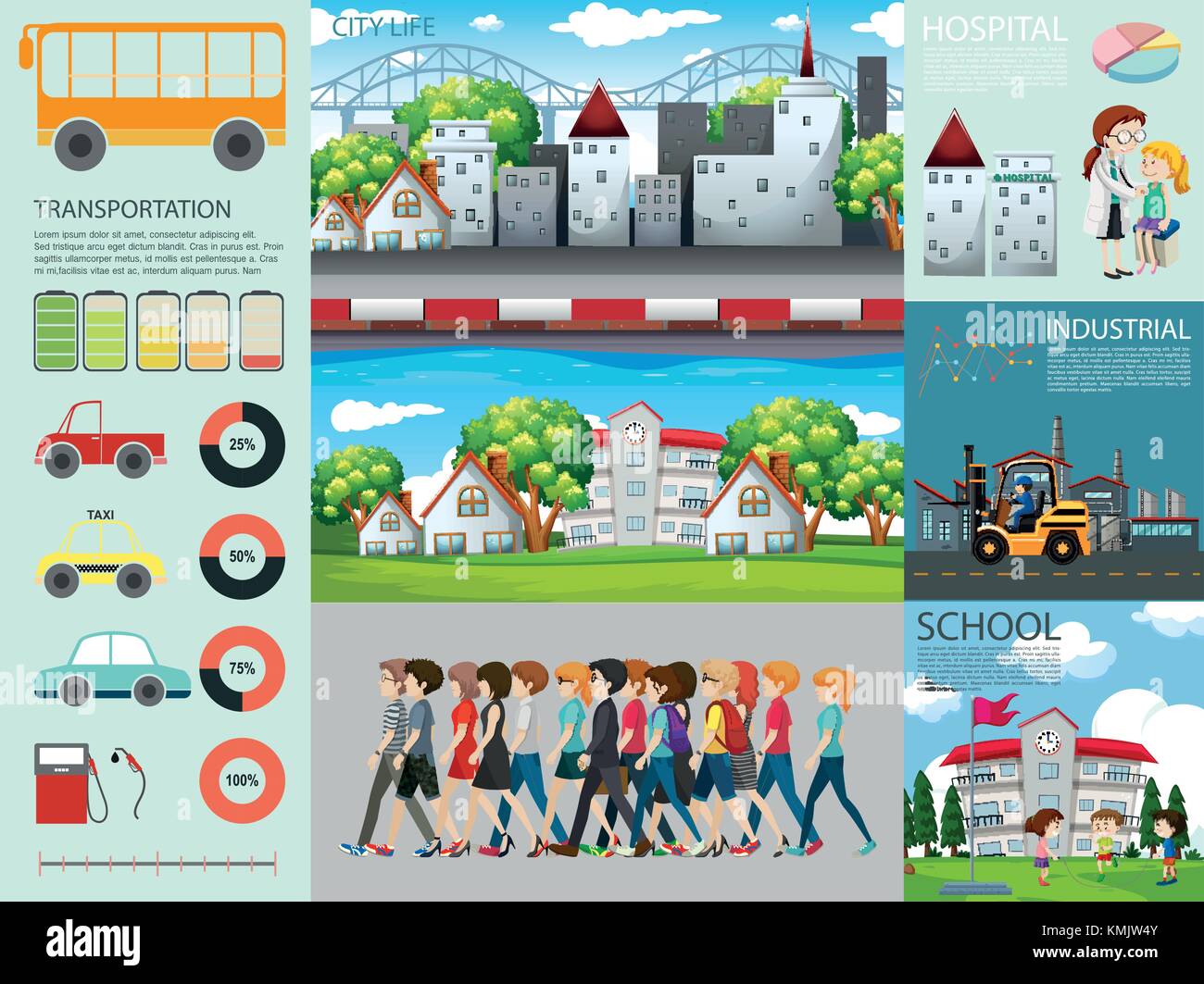 Infographic design with people and different settings illustration ...