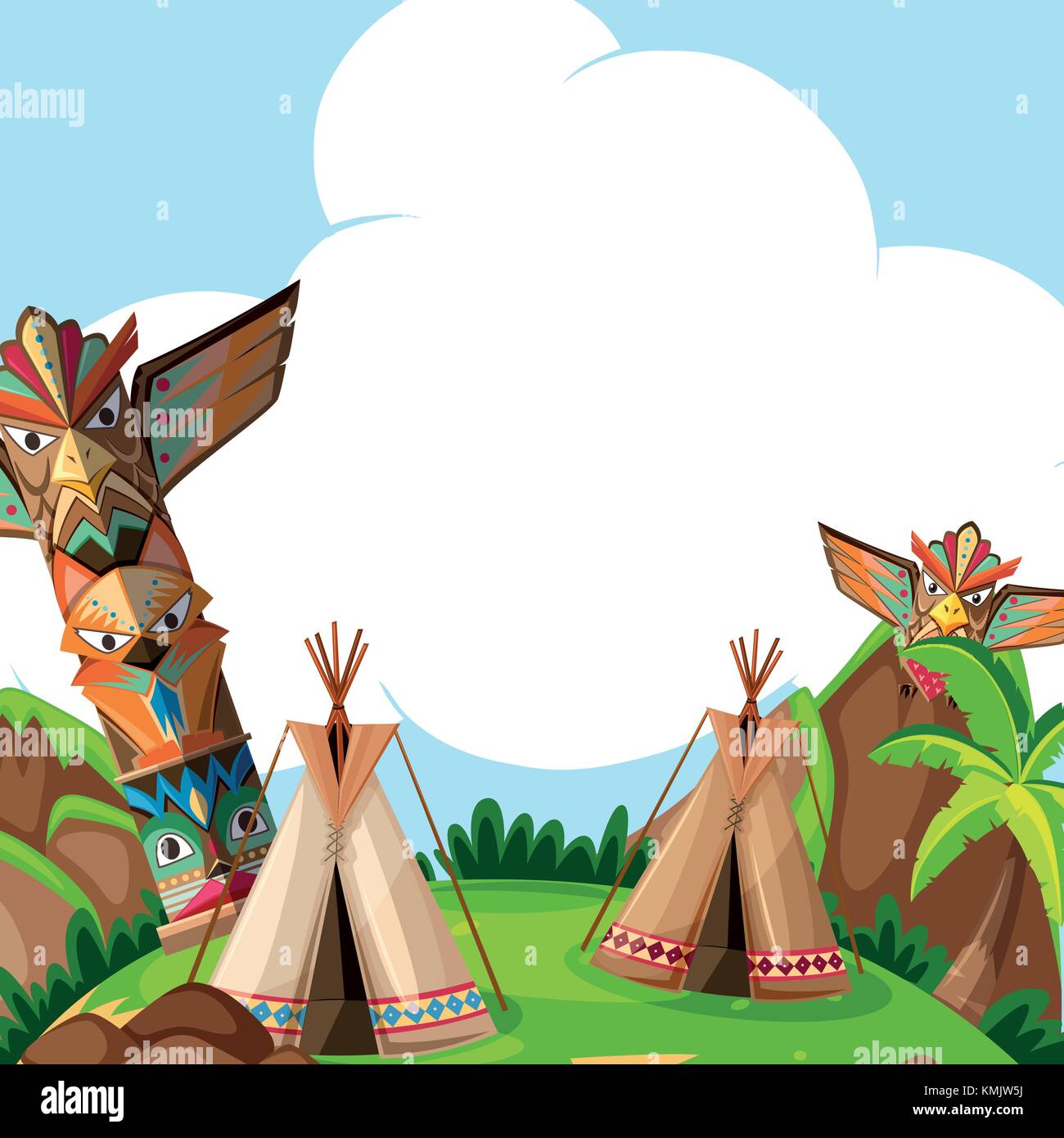 Background scene with traditional tents and totem poles illustration ...