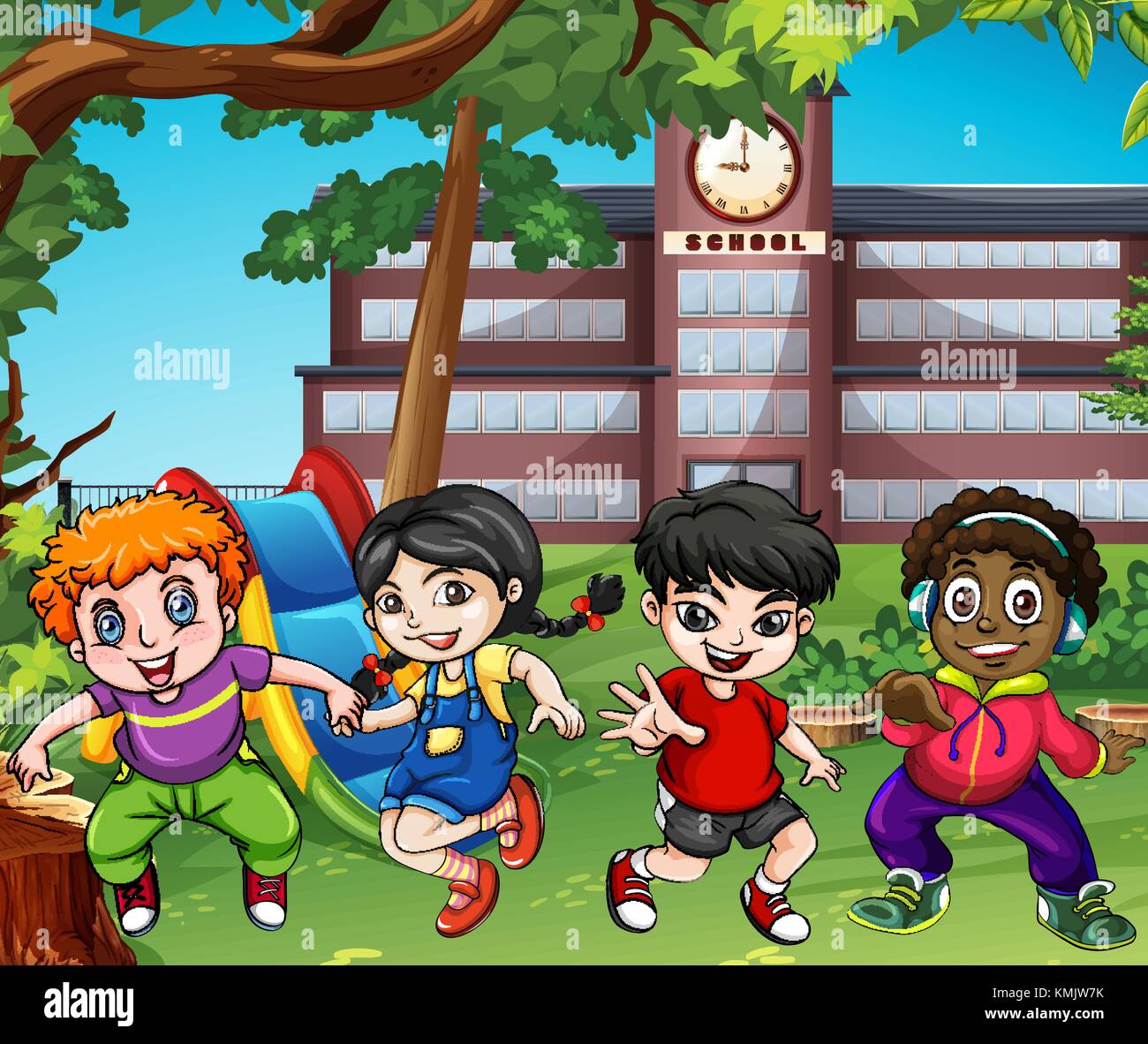 Many happy children play at school illustration Stock Vector Image ...