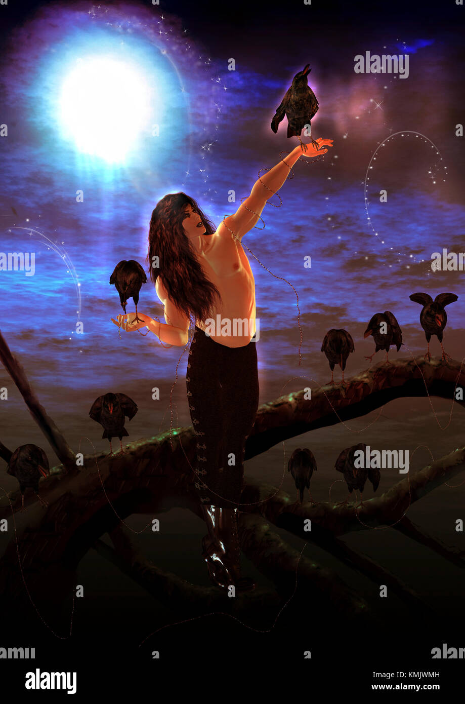 Gothic male surrounded by crows Stock Photo - Alamy