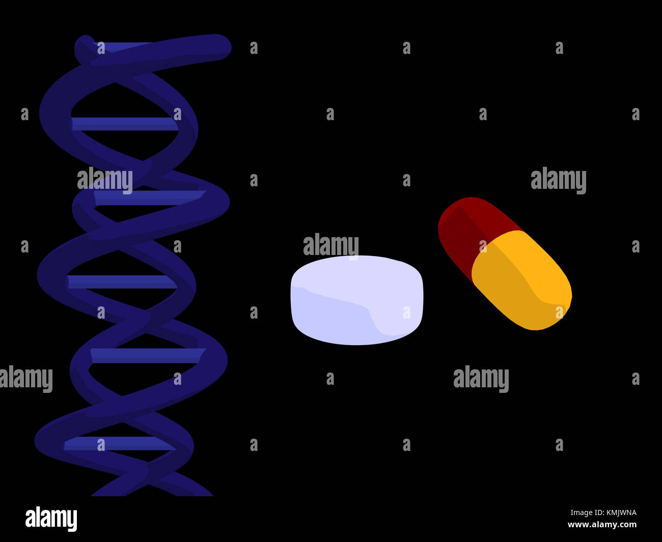 Blue dna and pills on a black background Stock Photo - Alamy
