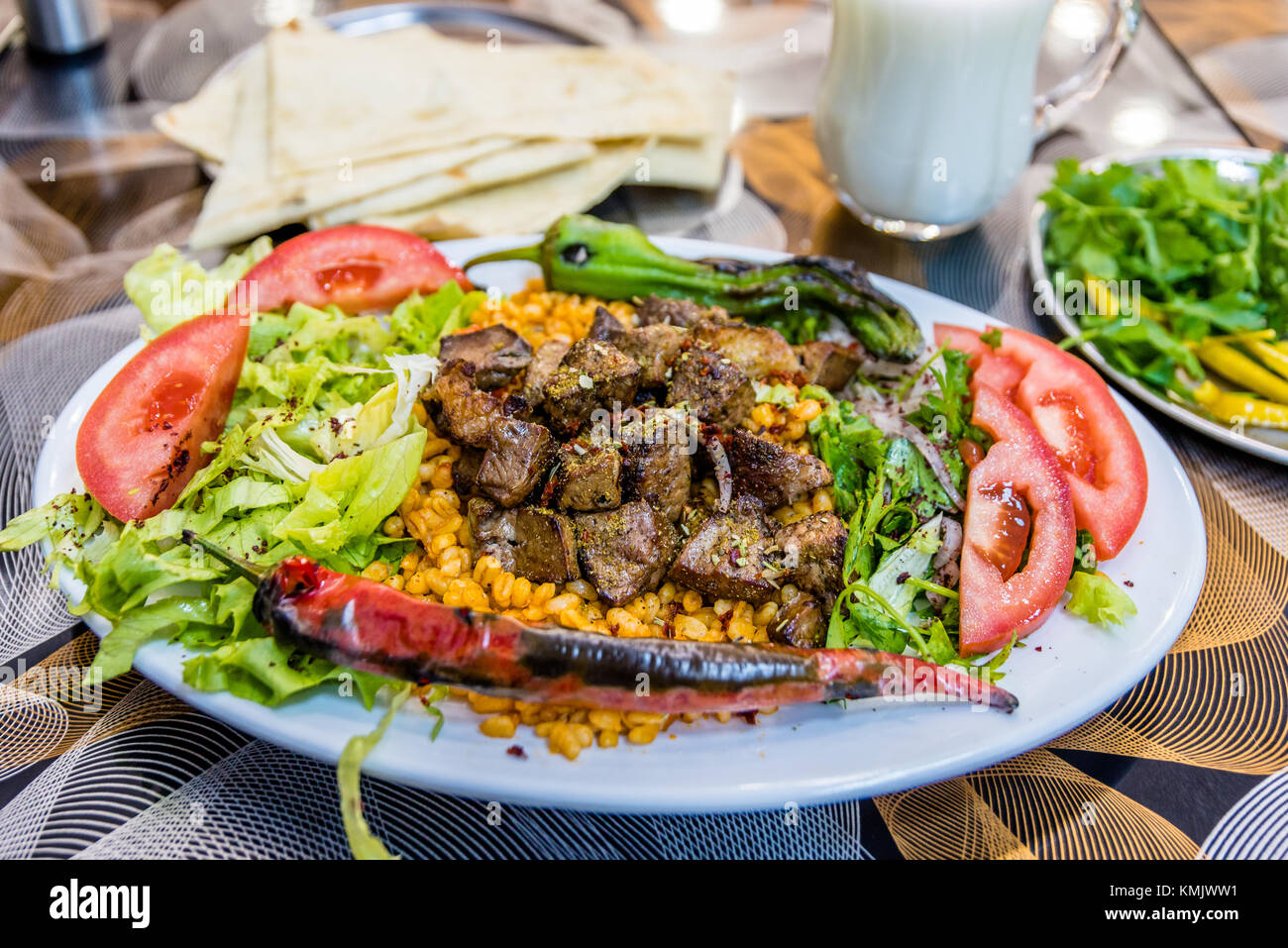 Close up detailed view of grilled delicious liver Turkish shish kebab ...