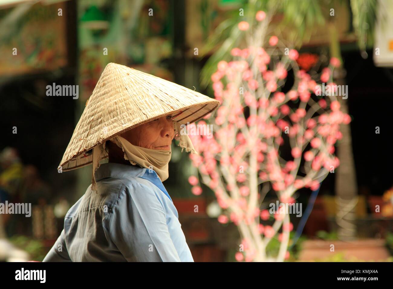 Woman with the traditional non la (conical hat) taking a break on the ...