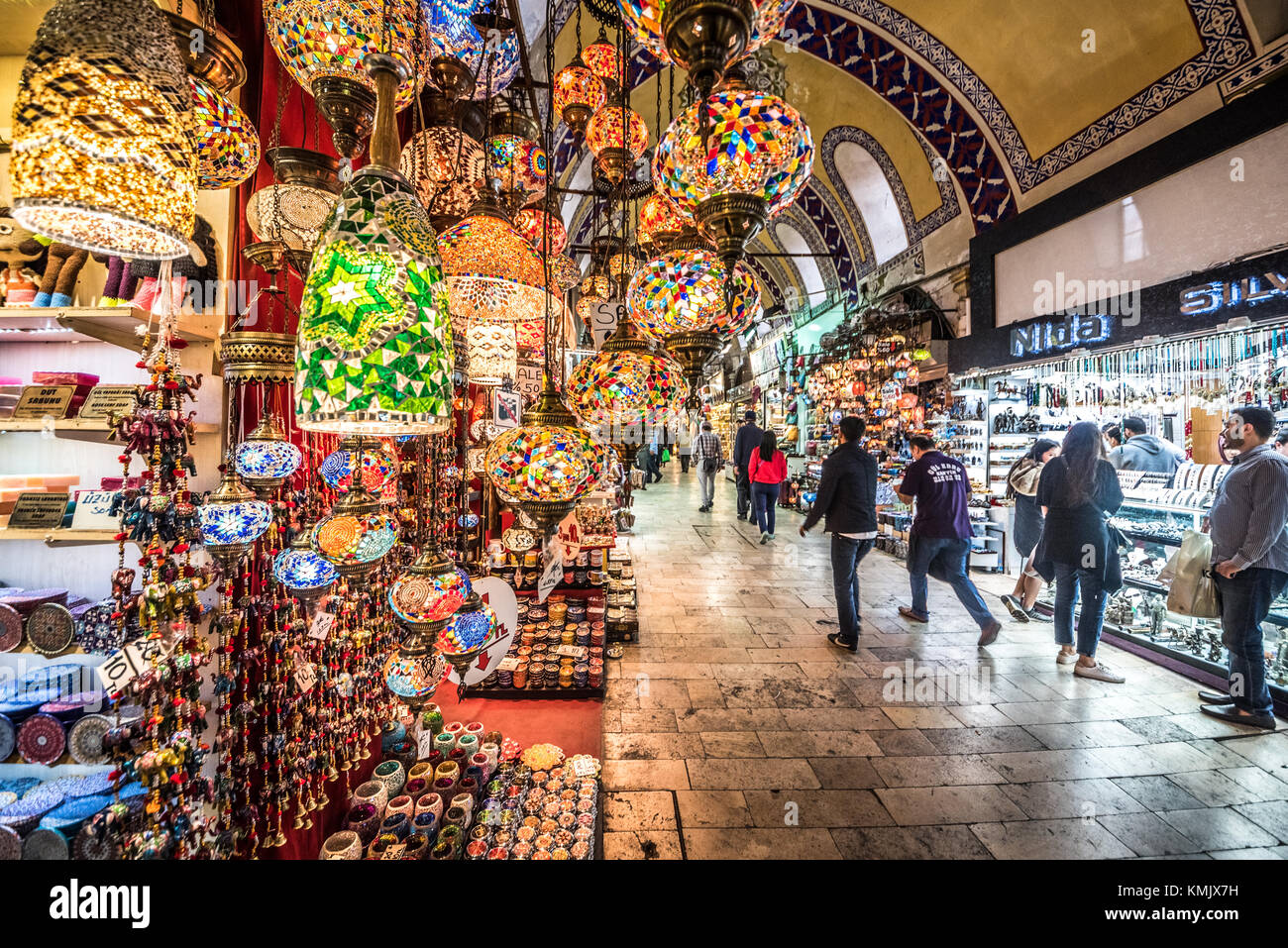 Unidentified people visiting the Grand Bazaar for shopping,.Interior of ...