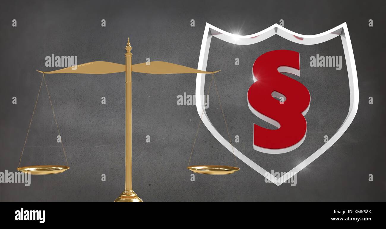 Digital composite of Justice balance scales with section shield symbol ...