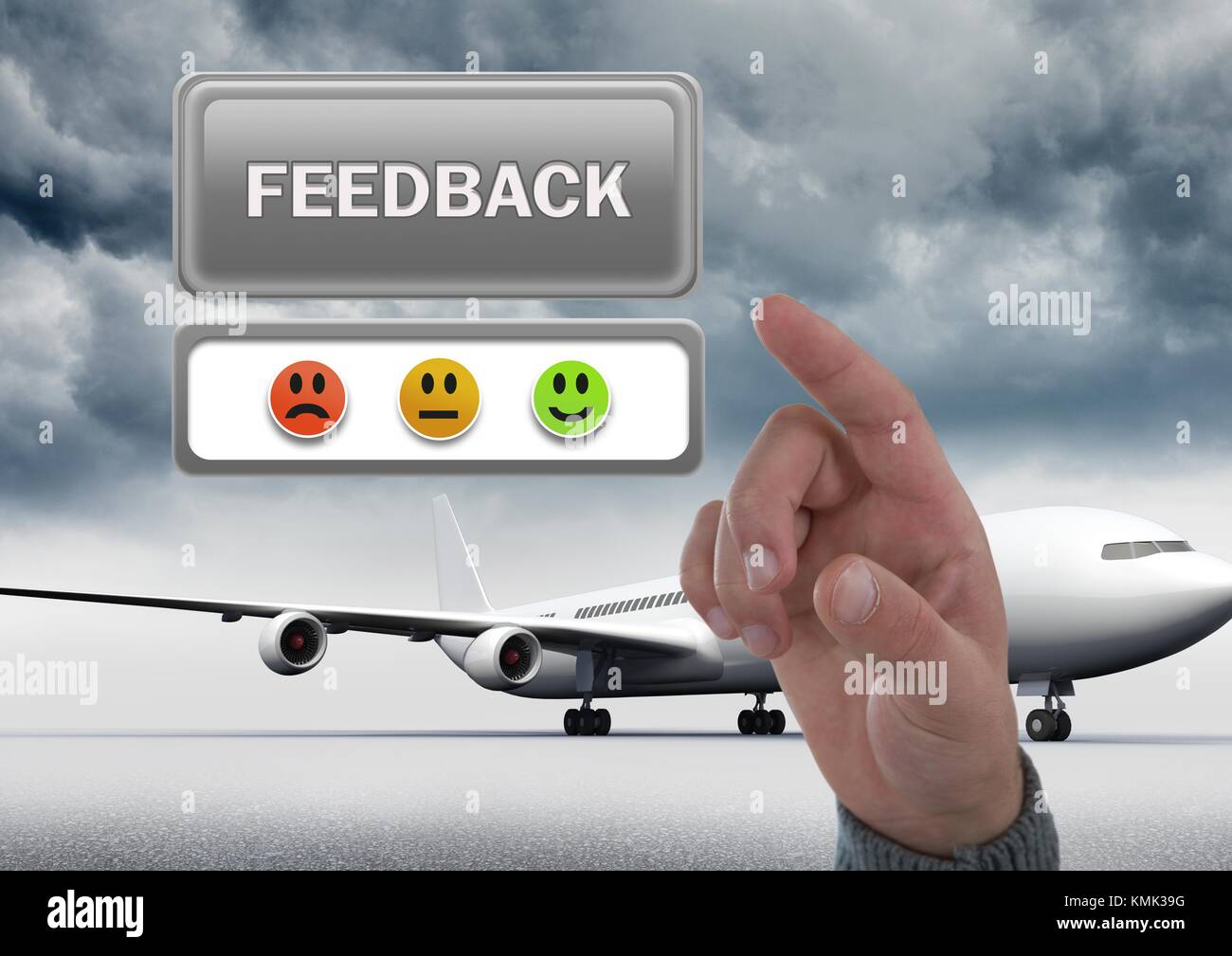 Digital composite of Hand pointing at feedback button and smiley faces ...