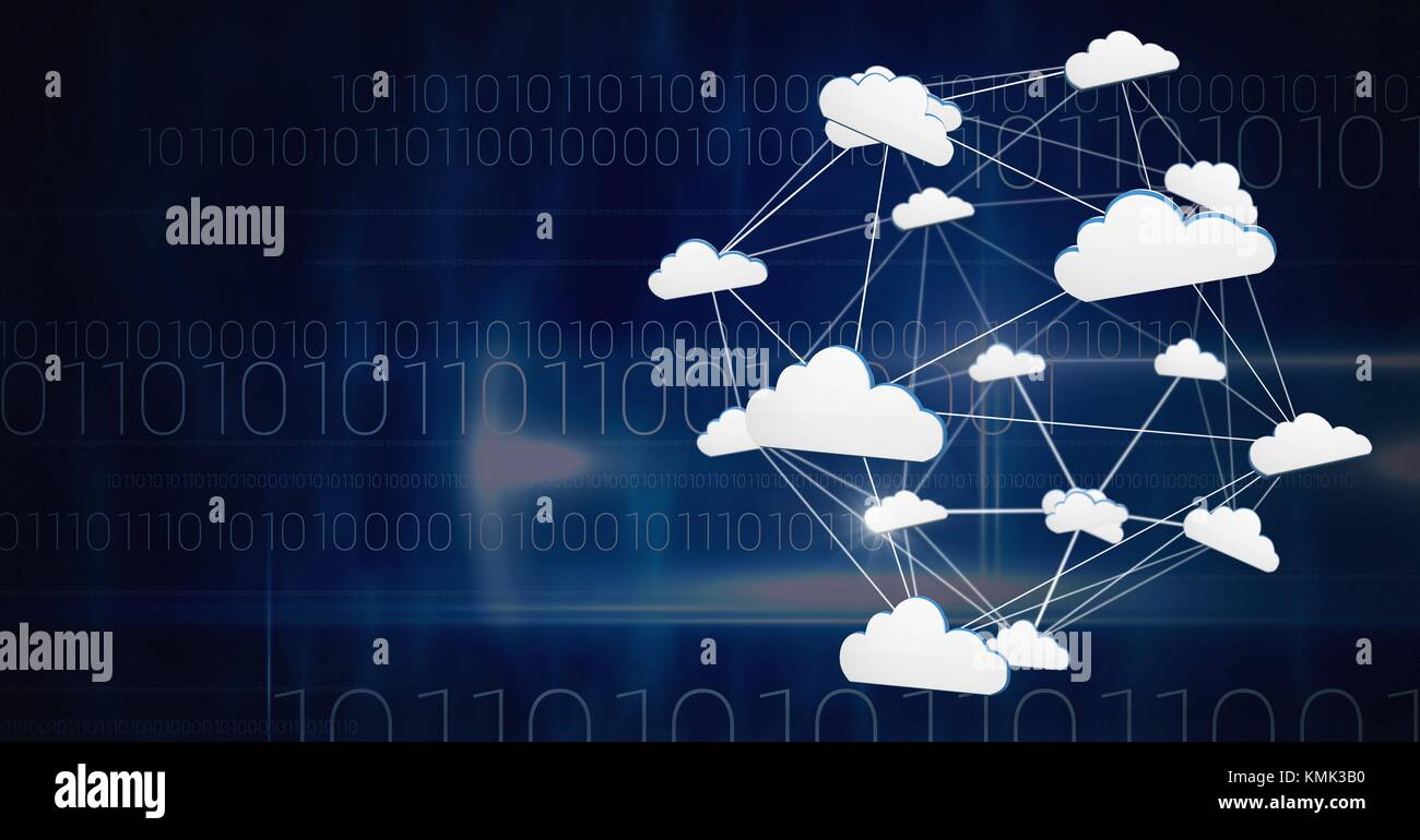 Digital composite of 3D cloud connected icons with blue technology code ...