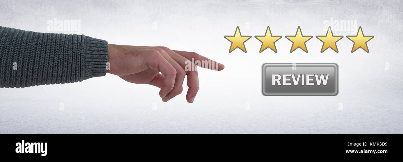 Digital composite of Hand pointing at review button and ratings stars ...
