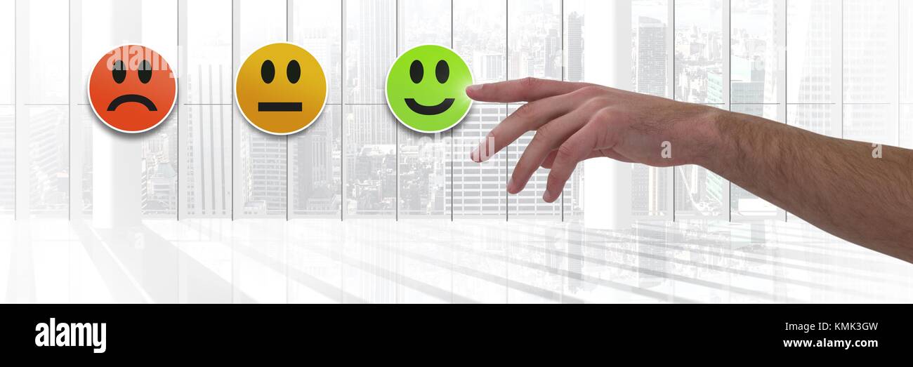 Digital composite of Hand touching feedback smiley faces satisfaction ...
