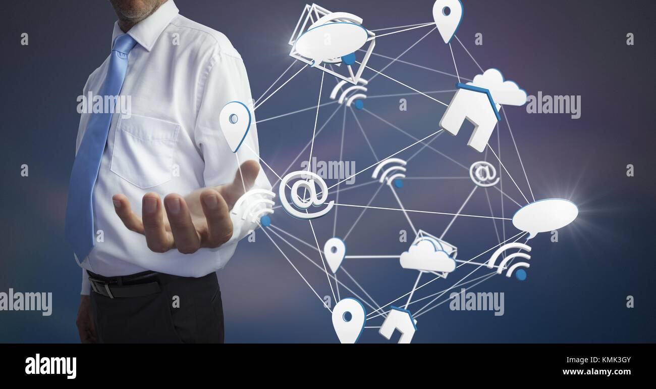 Digital composite of Hand open with 3D mixed connected icons Stock ...