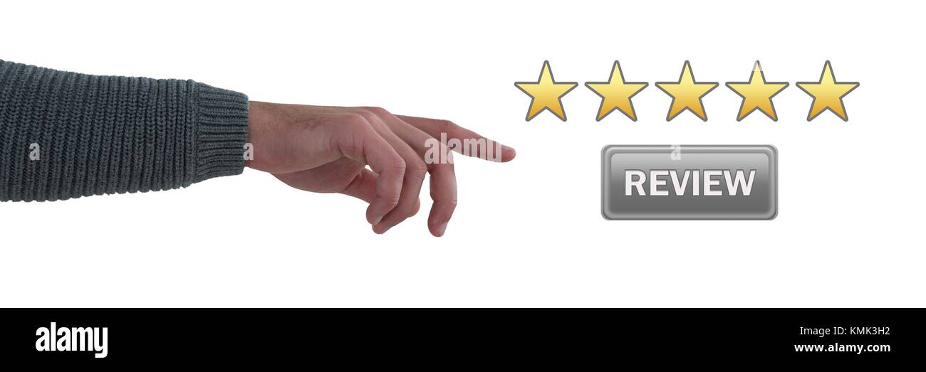Digital composite of Hand pointing at review button and five star ...
