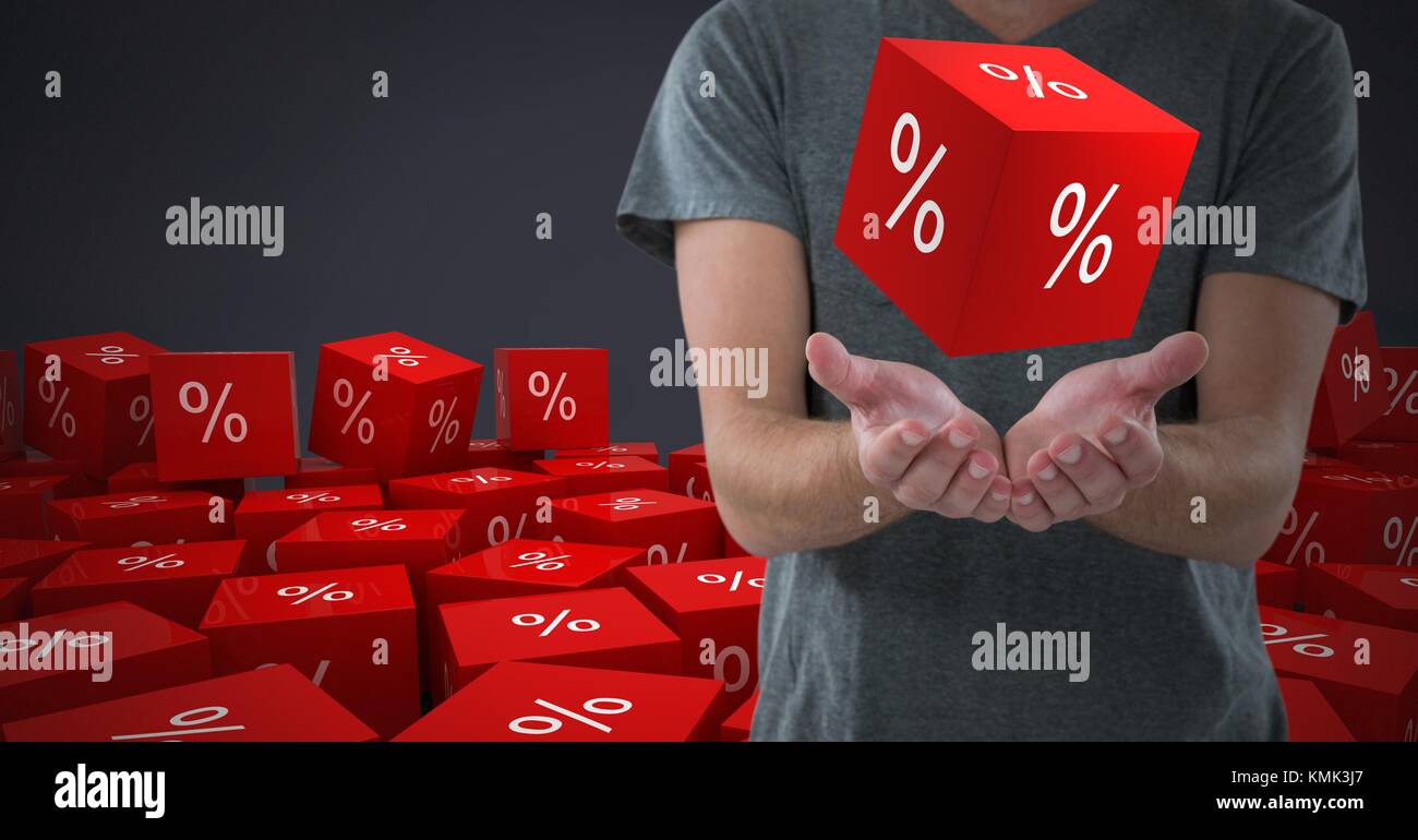 Digital composite of Percent icons and hands palm open and dark ...