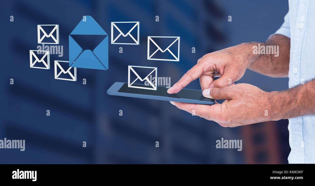 Digital composite of Hand holding tablet with 3D message email icons ...