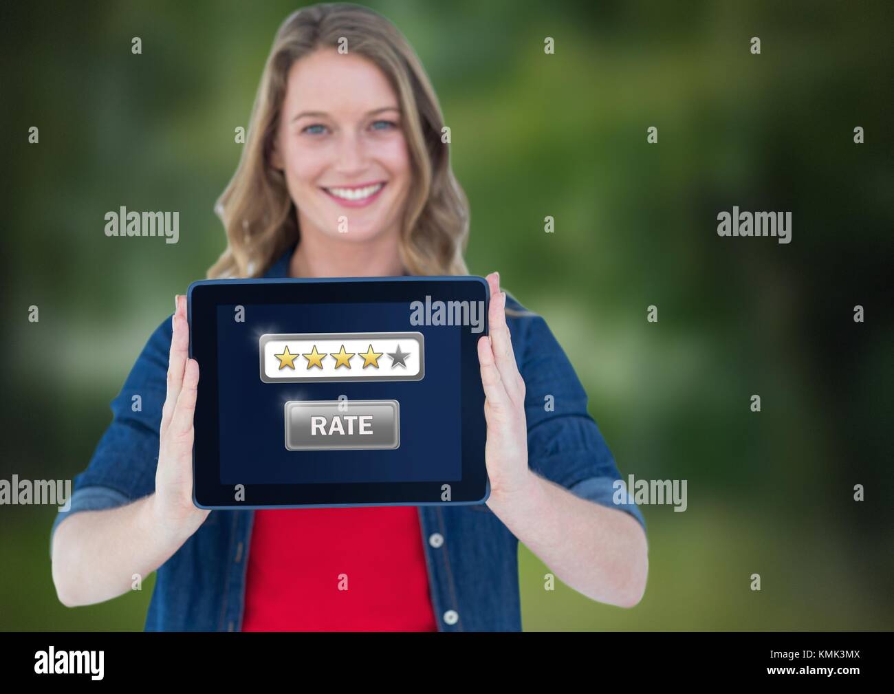 Digital composite of Woman holding tablet with star ratings button ...