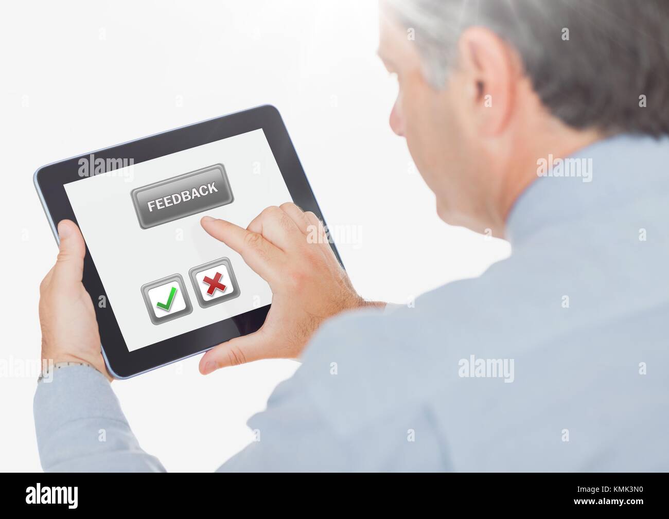 Digital composite of Hand holding tablet with feedback satisfaction ...