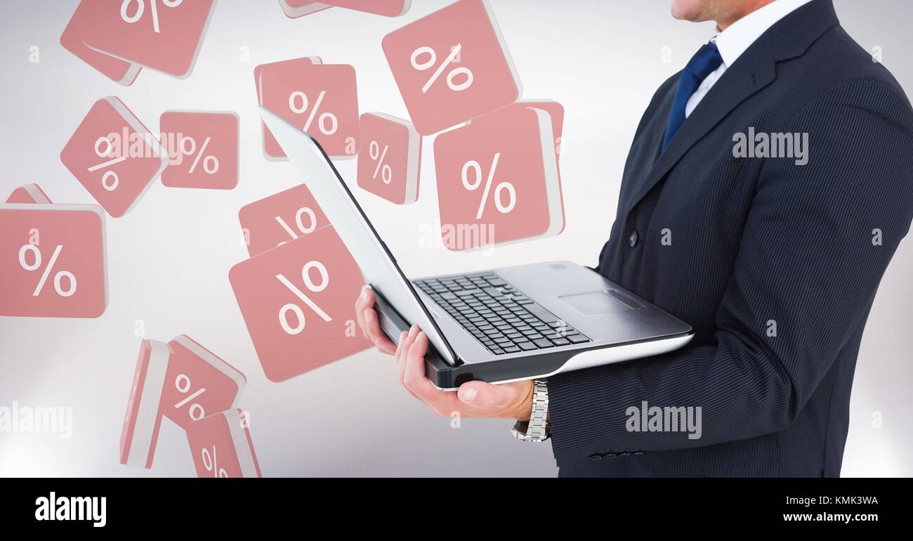 Digital composite of Hand holding laptop with percent symbol icons ...