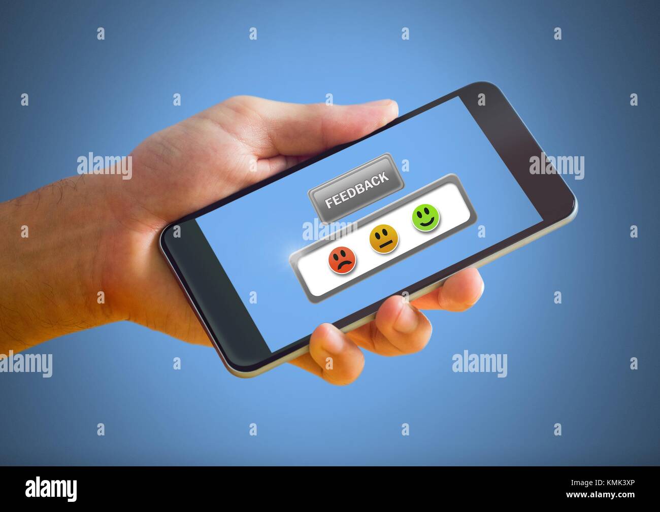 Digital composite of Hand holding phone with feedback review ...