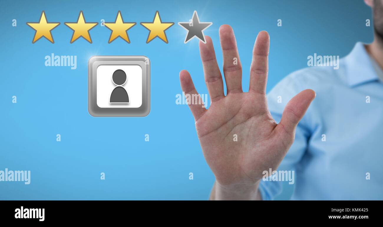 Digital composite of Hand touching review rating stars Stock Photo - Alamy